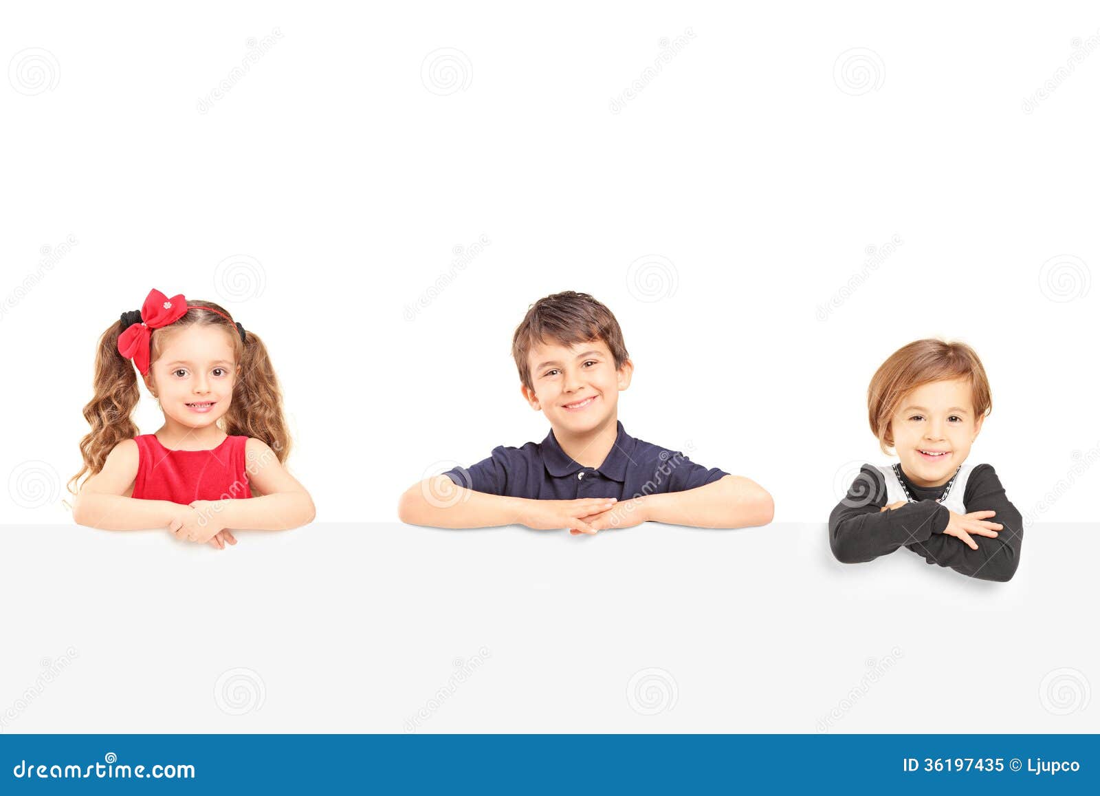 Three Smiling Kids Standing Behind a Blank Panel Stock Image - Image of ...