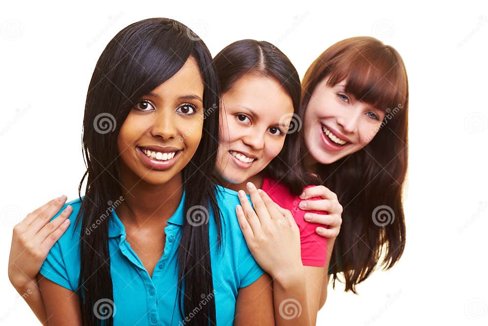Three Smiling Women in a Row Stock Photo - Image of studio, pleasure ...