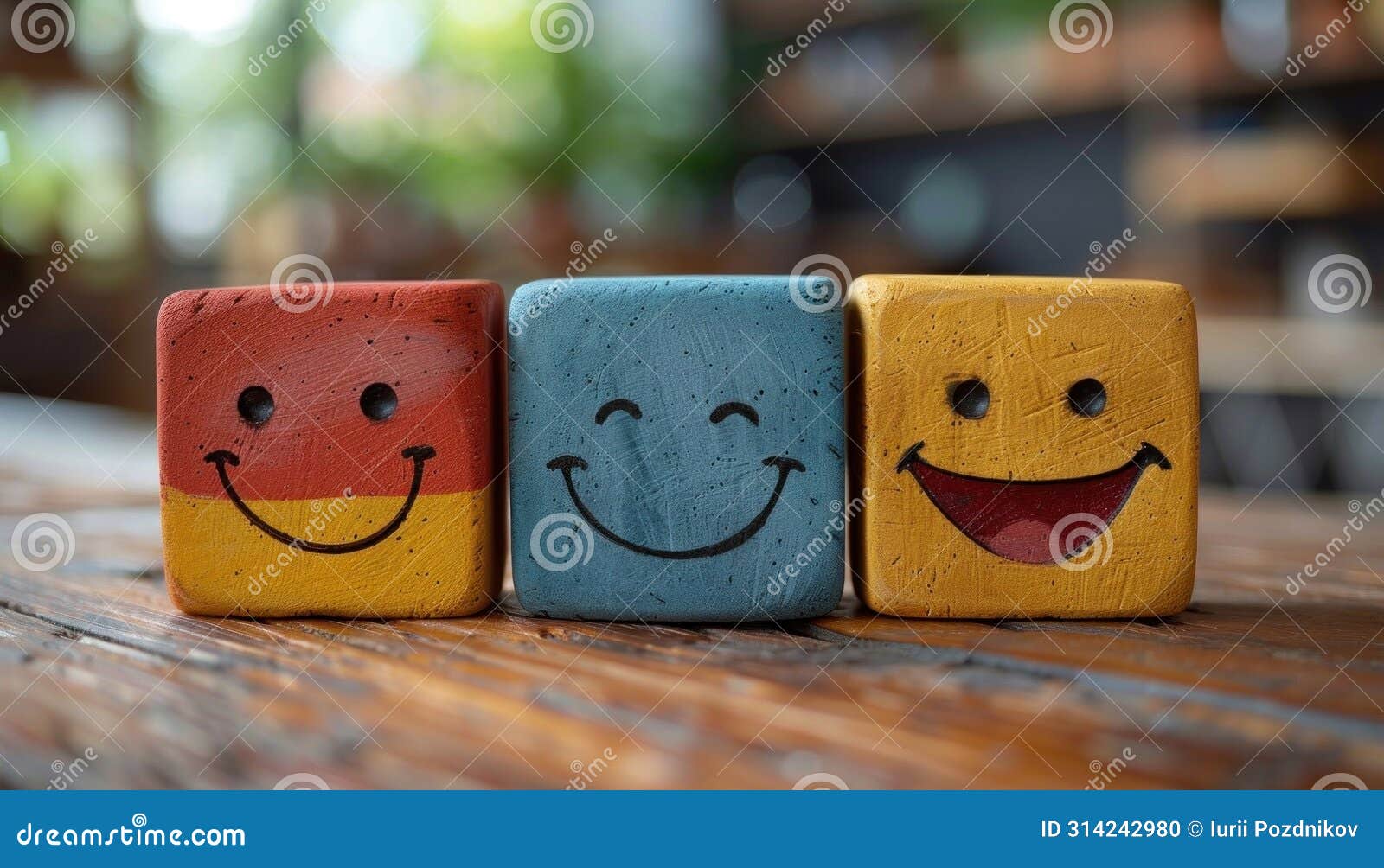 Three Smiling Wooden Blocks on Table, Creative Arts at Play Stock Photo ...