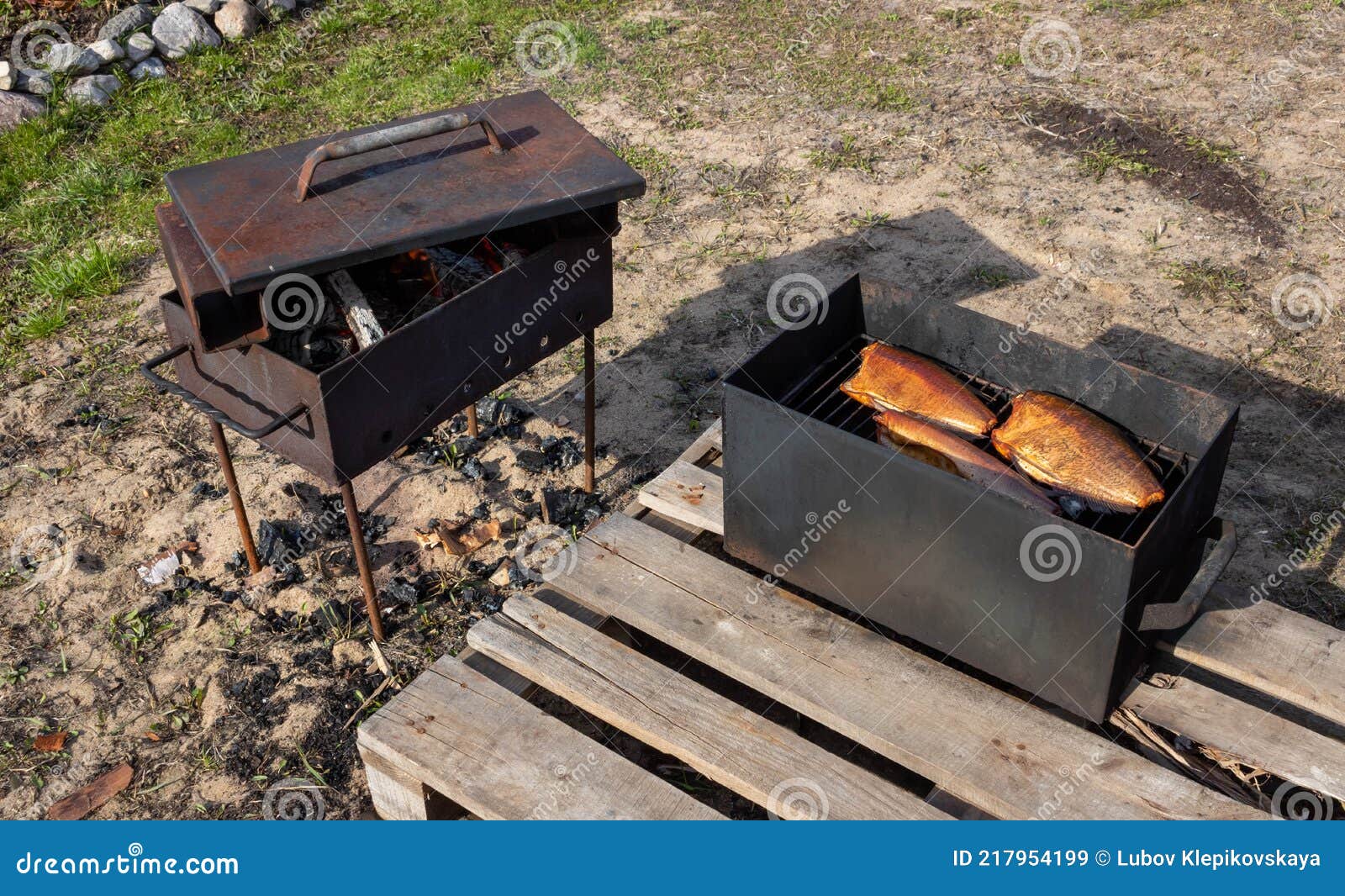 Three Smoked Fish in a Makeshift Smokehouse Stock Image - Image of ...
