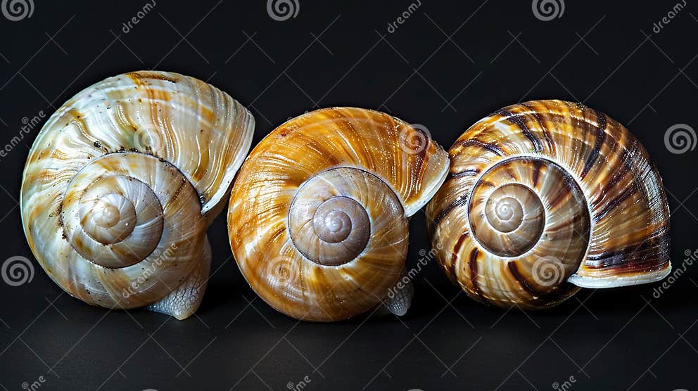 Three Snail Shells Aligned on Black Background Stock Illustration ...