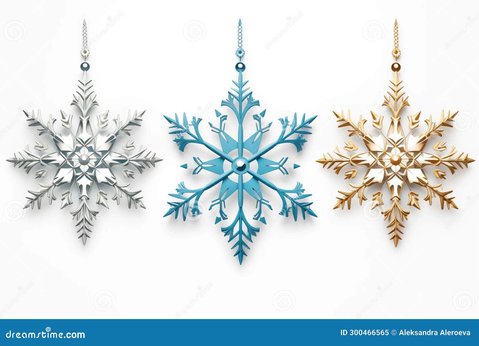 Three Snowflakes of Different Colors, White, Blue, Gold on a White ...