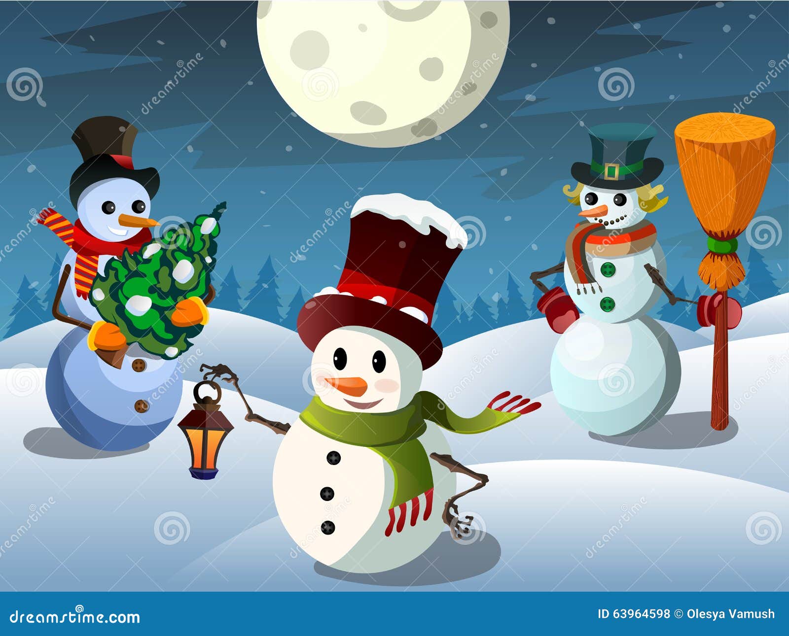 Three snowman stock illustration. Illustration of spruce - 63964598