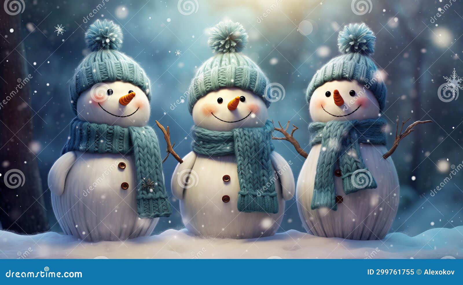 Three Snowmen in Blue Knitted Clothes AI Generated Stock Illustration ...