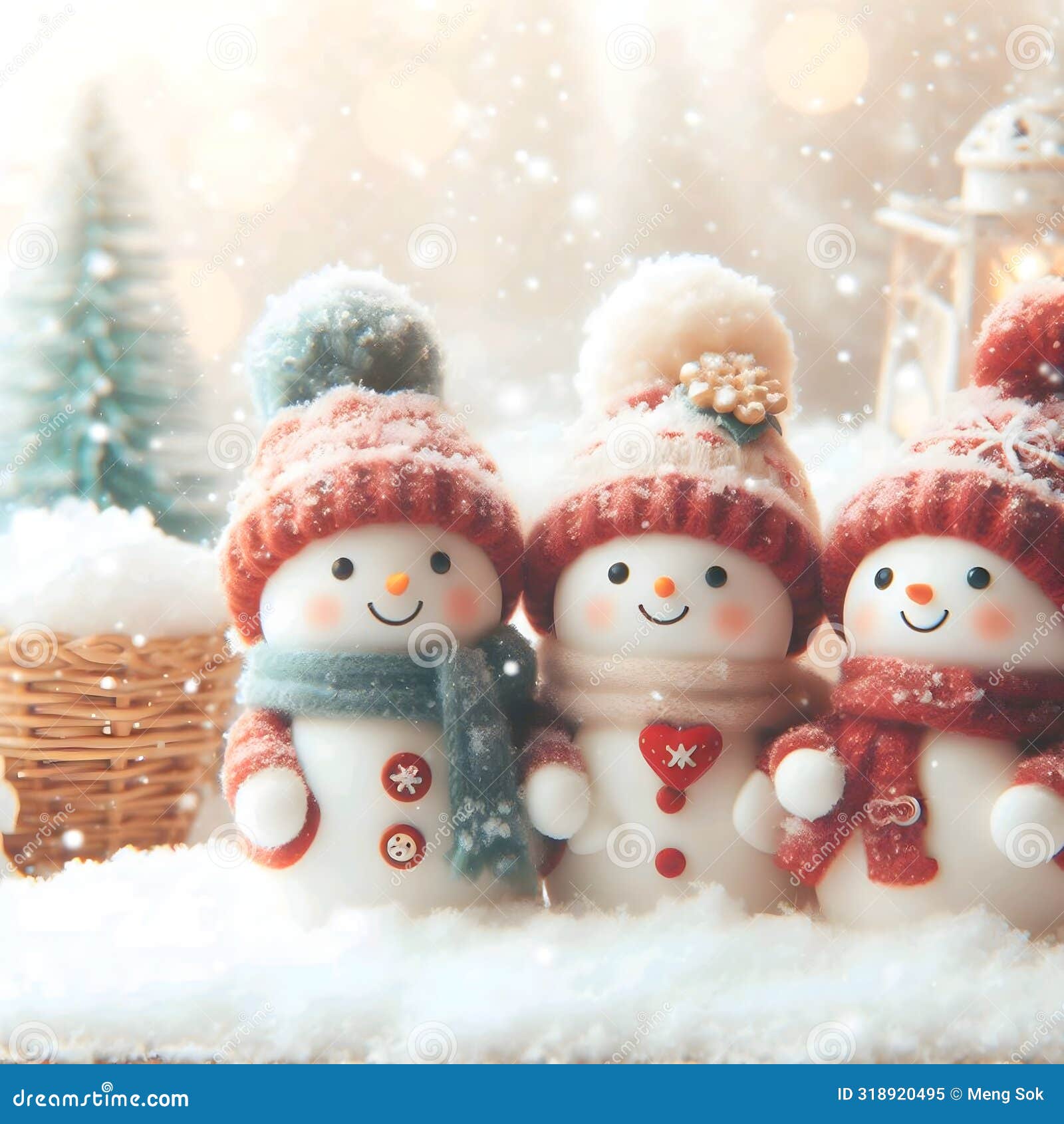 Three Snowmen are Standing in a Row with a Basket of Flowers in the ...