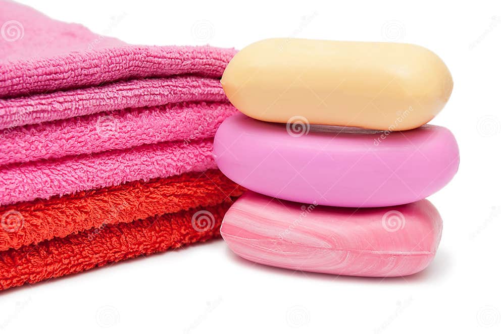 Three soaps and towels stock photo. Image of towels, cleanliness - 19311128