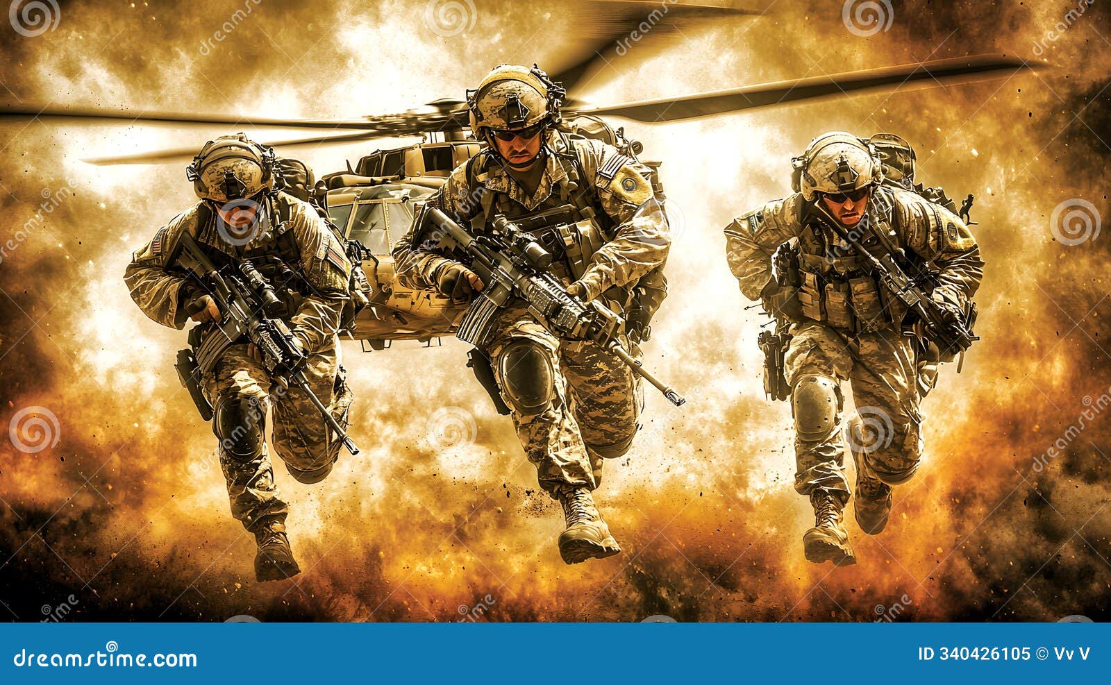 Three Soldiers Charging Forward Amidst Explosive Backdrop. Stock Image ...