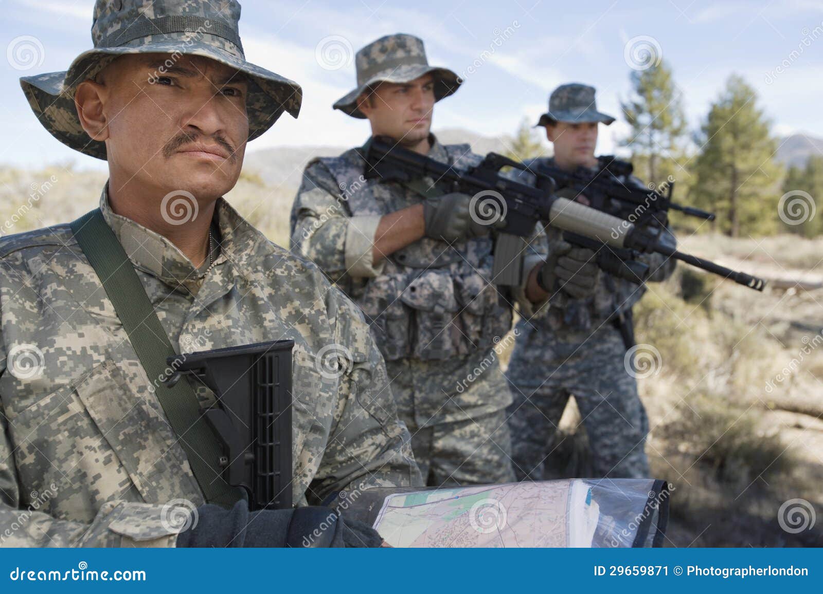 Three Soldiers during Training Stock Image - Image of looking, armed ...