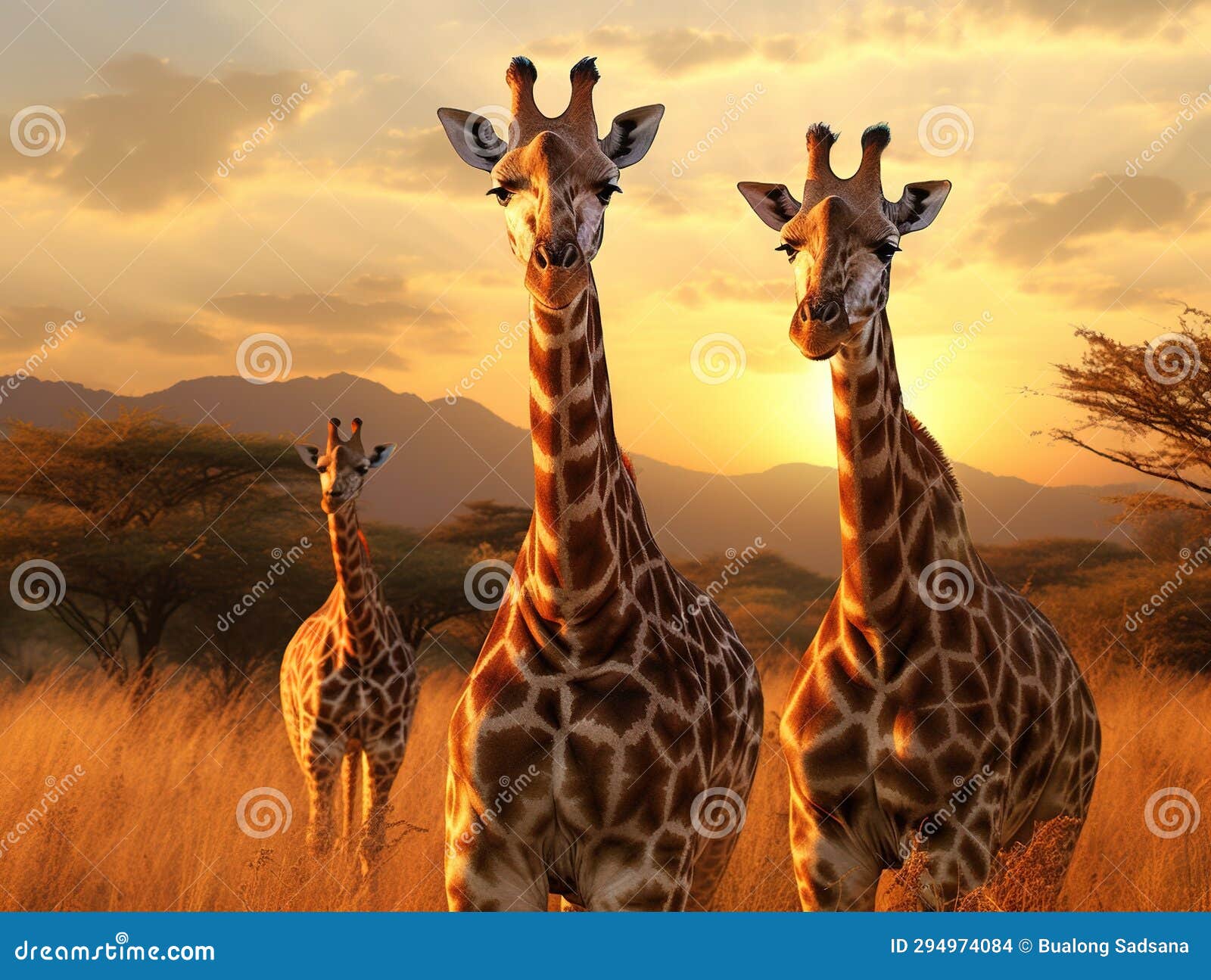 Three South African Giraffe Side By Side In Bush Made With Generative ...