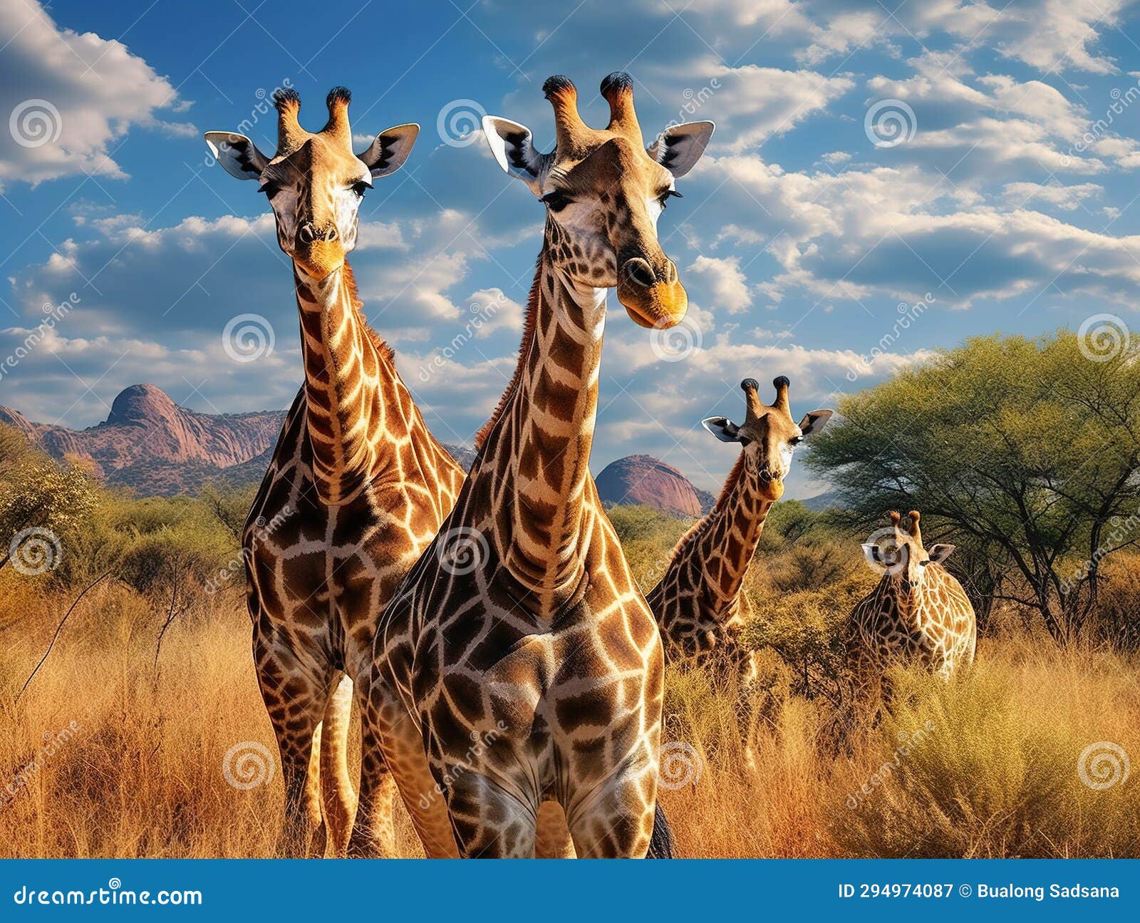 Three South African Giraffe Side By Side In Bush Made With Generative ...