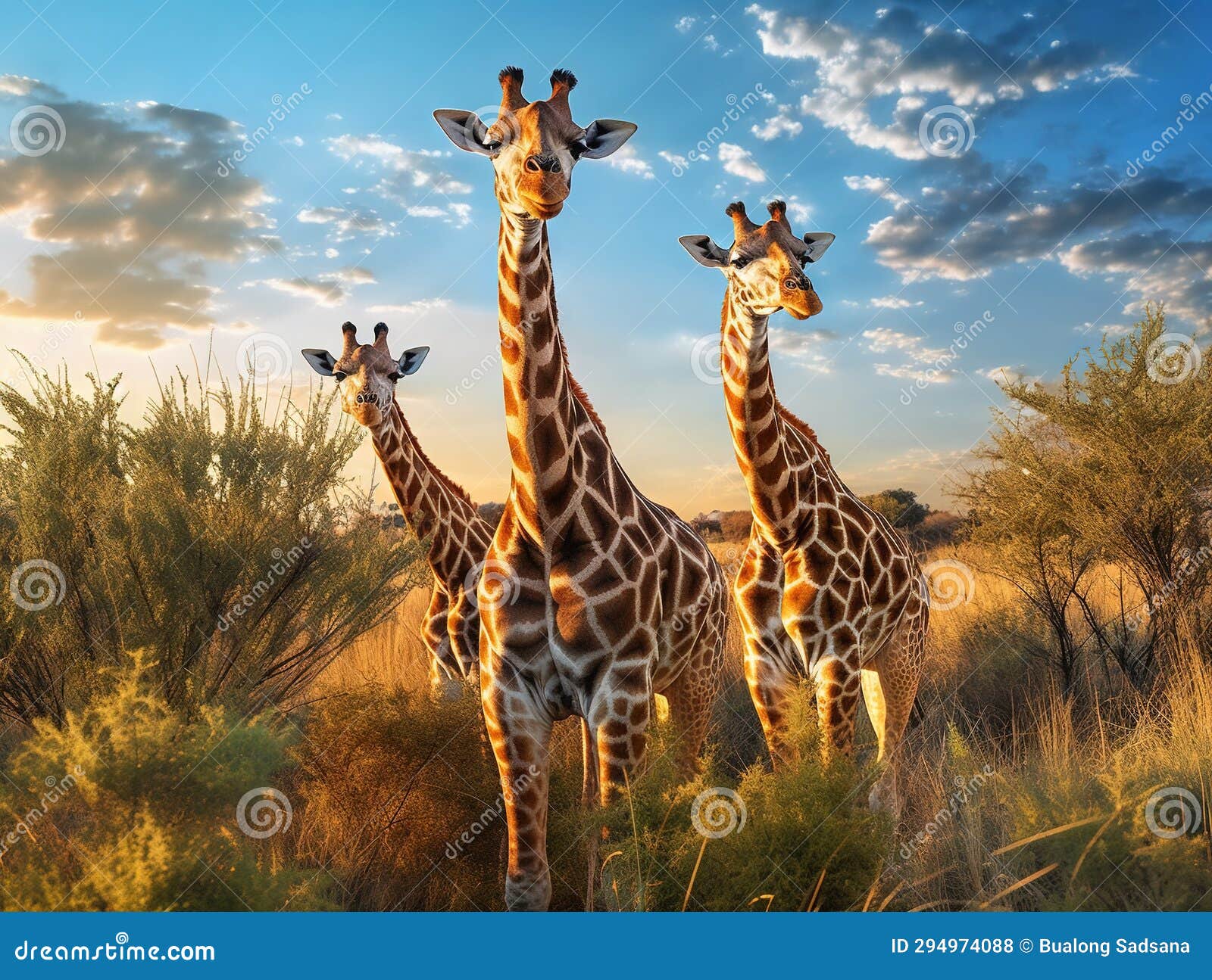 Three South African Giraffe Side by Side in Bush Made with Generative ...