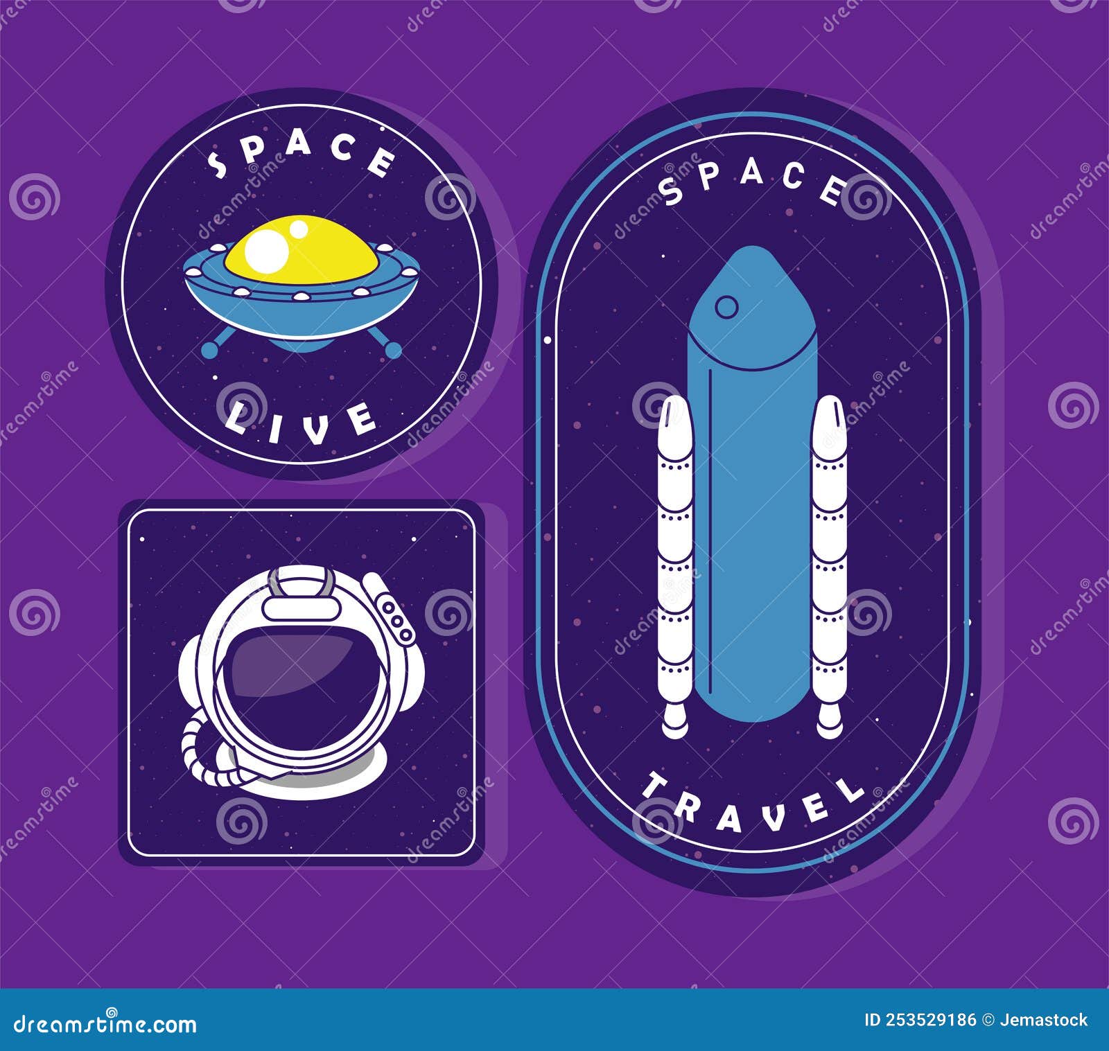 Space Badges With Astronaut Helmet, Rocket Launch And Moon. Set Of ...