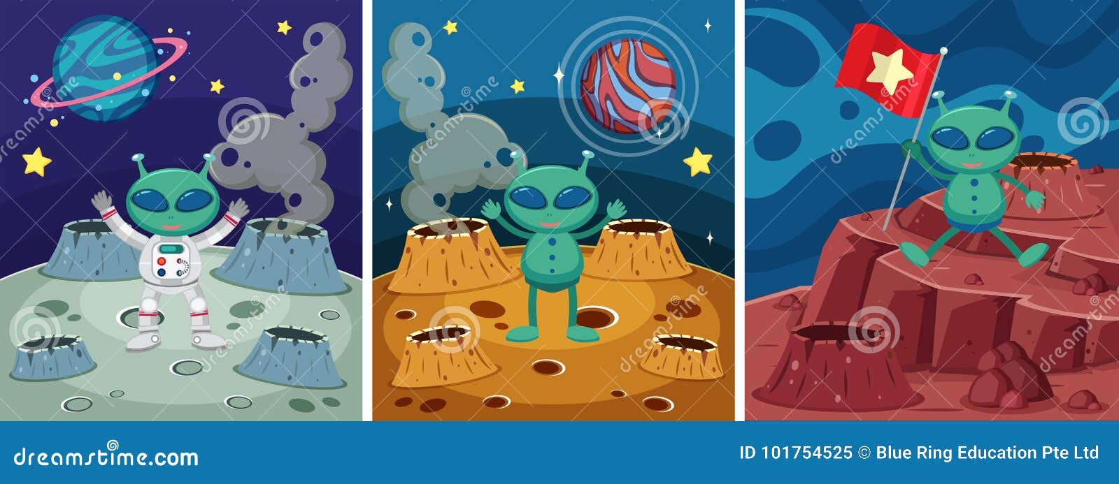Three Space Scenes with Alien on the Strange Planet Stock Vector ...