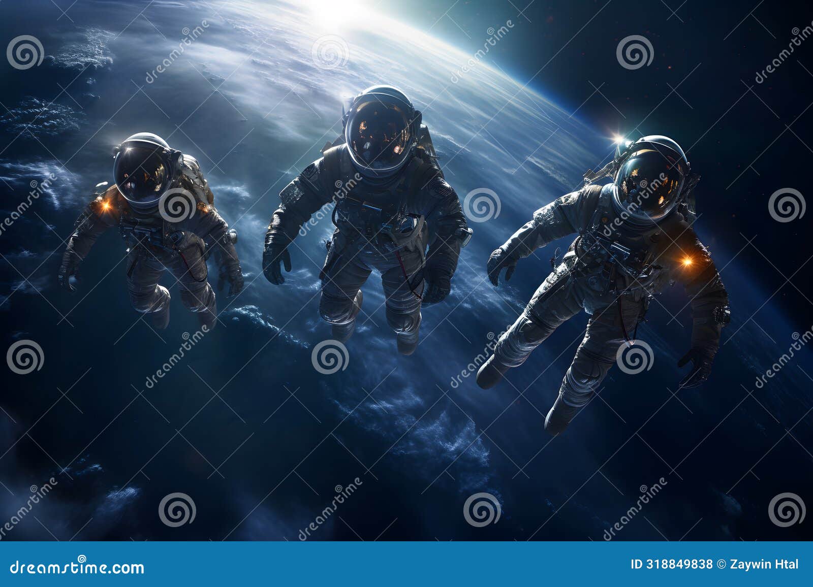 Three Spacemen or Astronauts Floating on Background of the Earth Stock ...