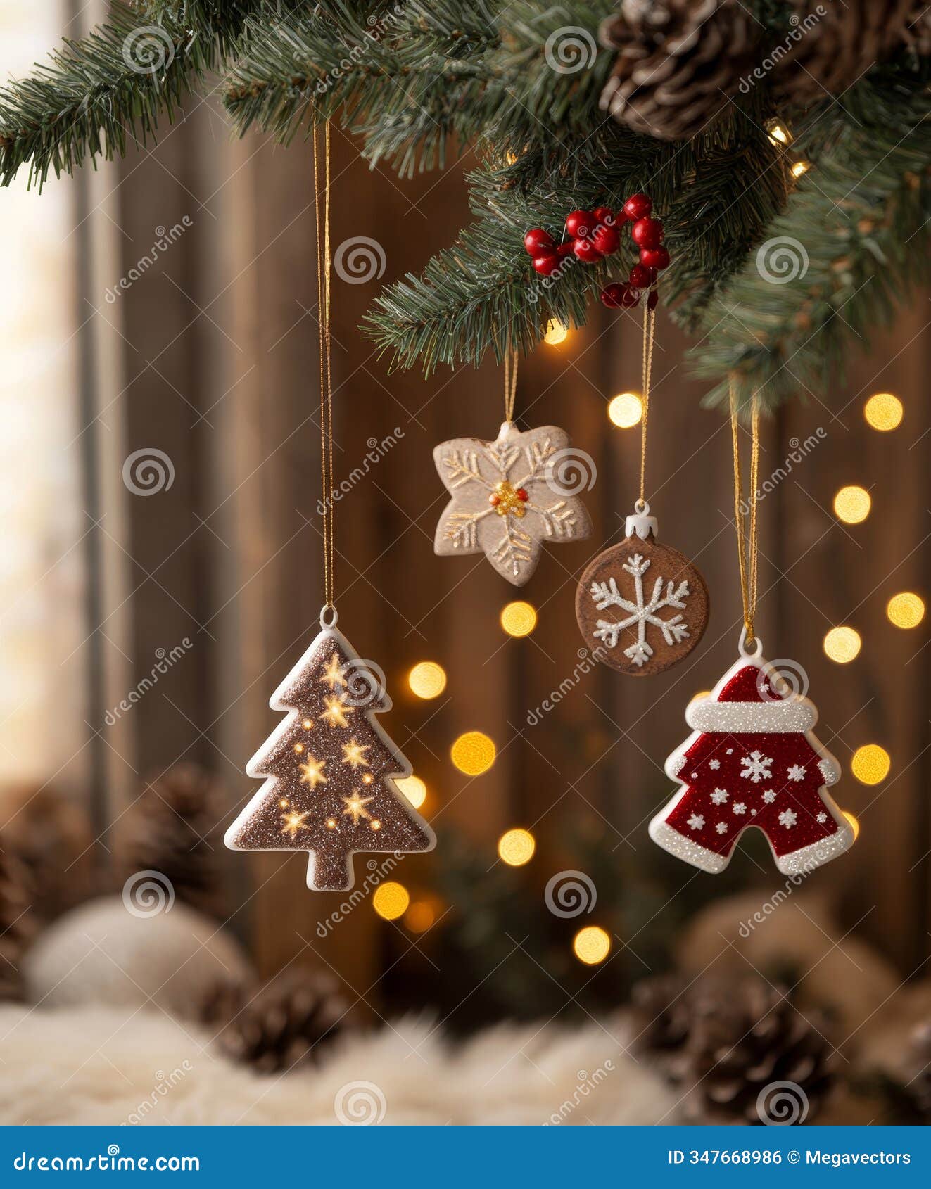 Three Sparkling Ornaments Dangle from a Brightly Lit Christmas Tree ...