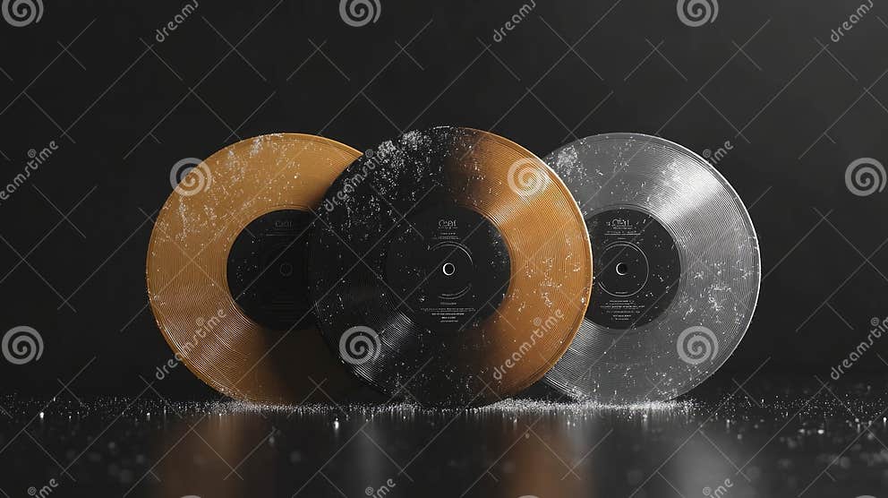 Three Sparkling Vinyl Records on Reflective Surface with Black ...