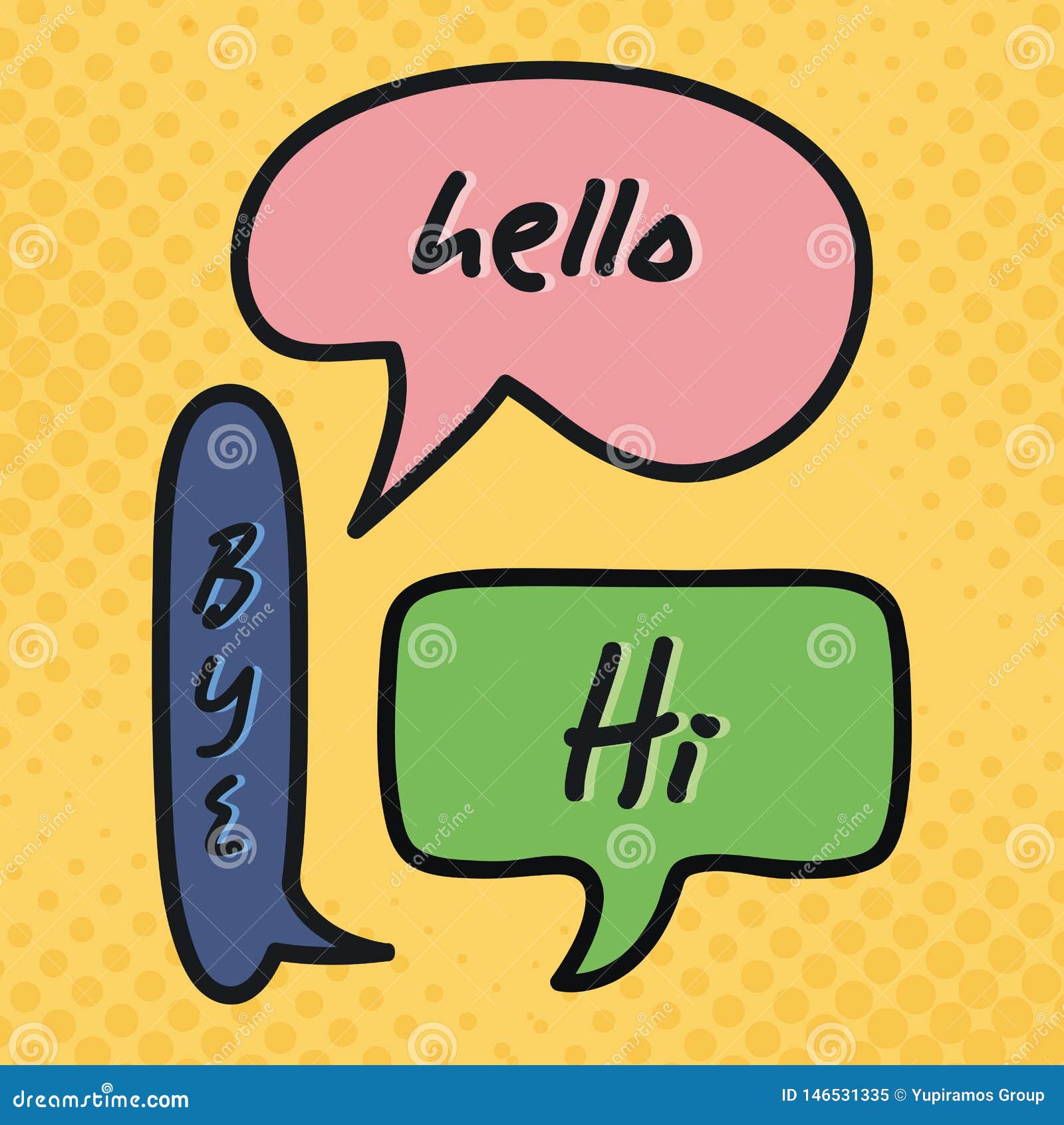 Three Speech Bubbles Drawn with Hi ,hello and Bye Messages Stock Vector ...
