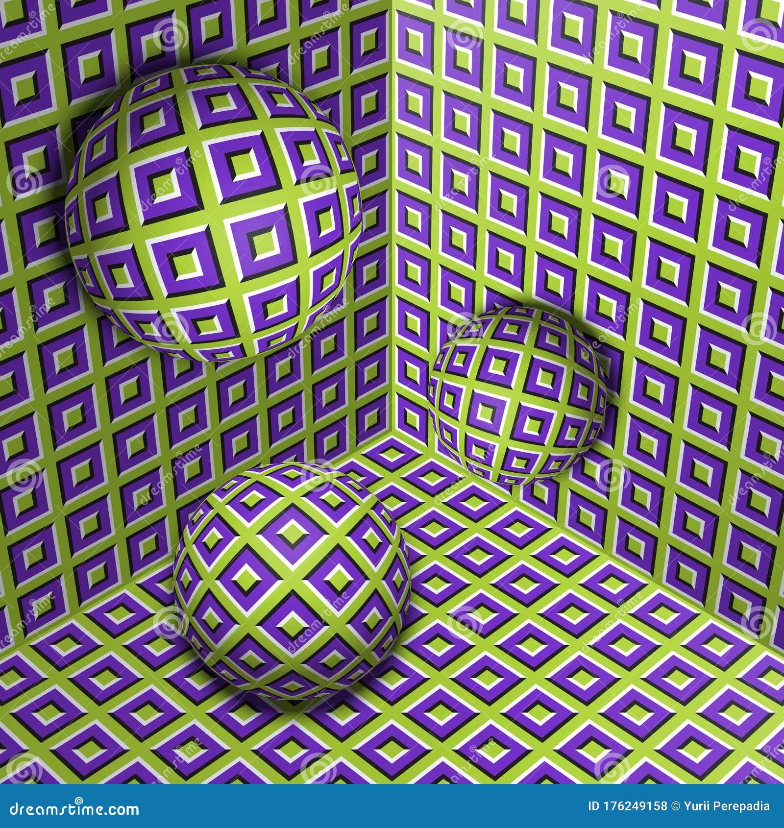 Three Spheres Move in Corner. Optical Illusion Abstraction of Checkered ...