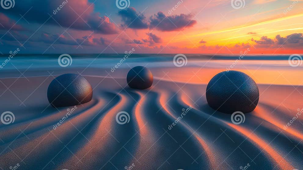 Three Spheres in the Sand on a Beach at Sunset Stock Image - Image of black, horizon: 330522369