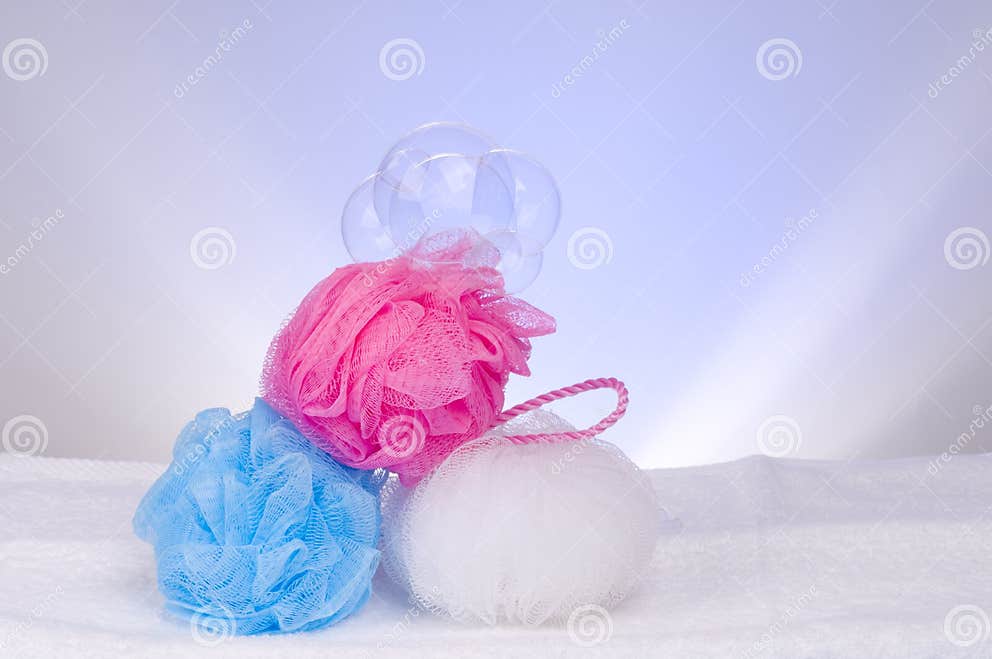 Three Sponges and Soap Bubbles Stock Photo - Image of soft, scrubbing ...