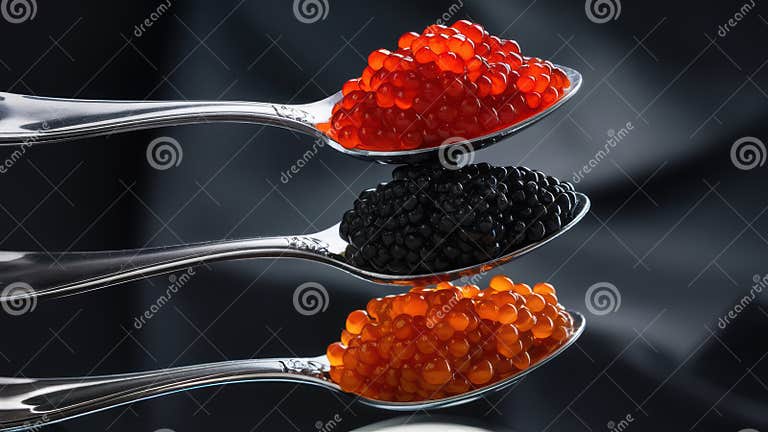 Three Spoons with Different Colored Caviar on Them, AI Stock Image ...