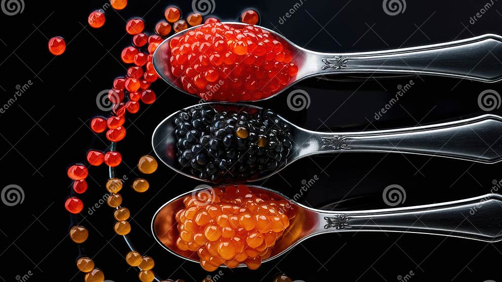 Three Spoons with Different Colored Caviar in Them on a Black ...
