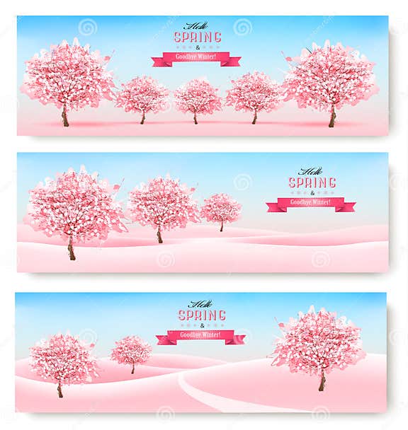 Three Spring Banners with Pink Cherry Blossom Trees and Landscape ...