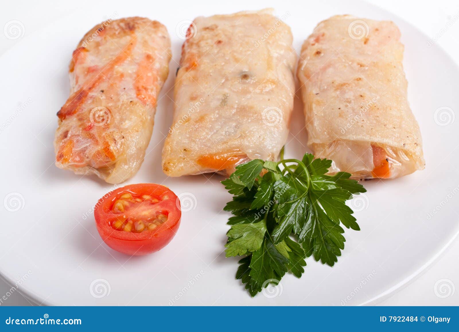 Three Spring Rolls on Plate Stock Photo - Image of filled, food: 7922484