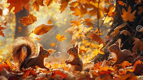 Three Squirrels are Playing in the Leaves of a Tree Stock Illustration ...