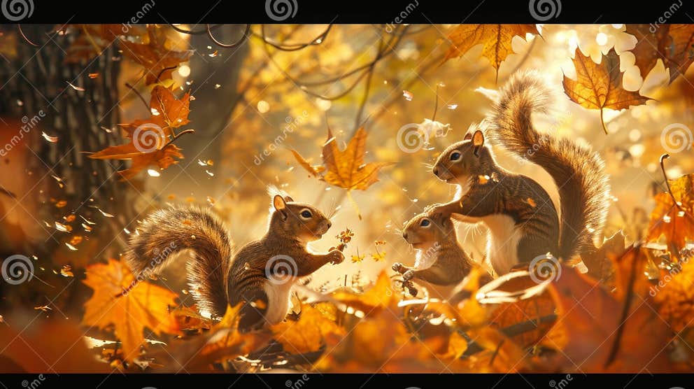 Three Squirrels are Playing in the Leaves of a Tree Stock Illustration ...