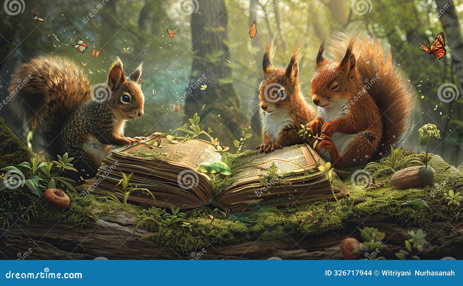 Three Squirrels Reading a Book in the Forest Stock Illustration ...