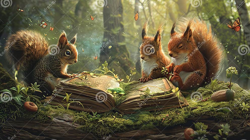 Three Squirrels Reading a Book in the Forest Stock Illustration ...