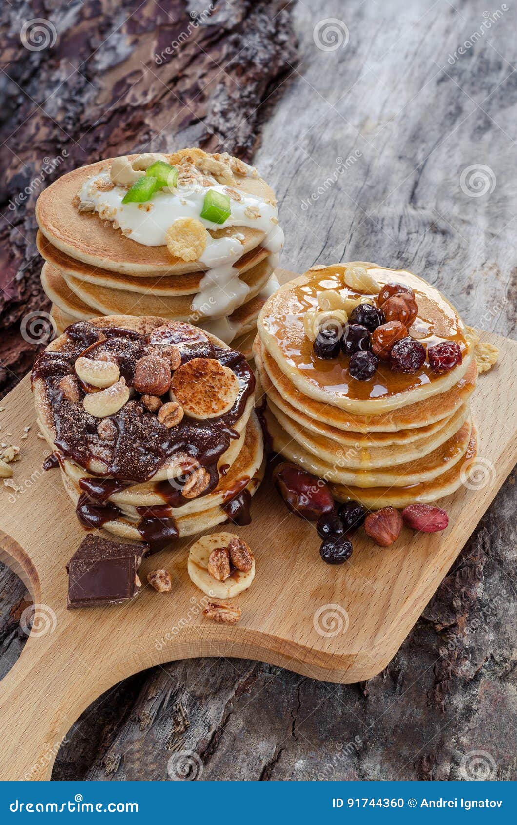 Three Stack of Pancakes with Chocolate, Yogurt and Caramel Syrup. Stock ...