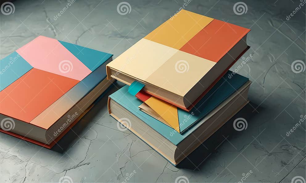 Three Stacked Books with Colorful Covers are Arranged on Gray Surface ...