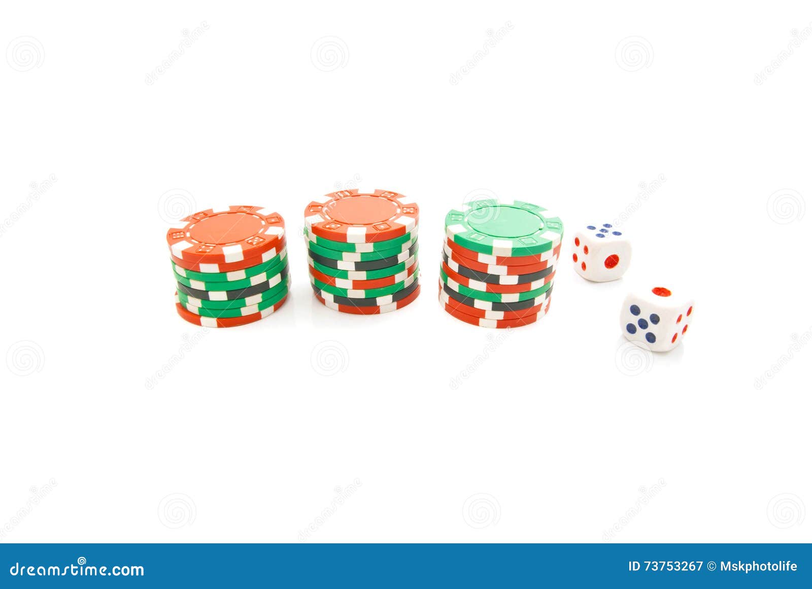 Three Stacks of Chips and Dice Stock Image - Image of recreational ...
