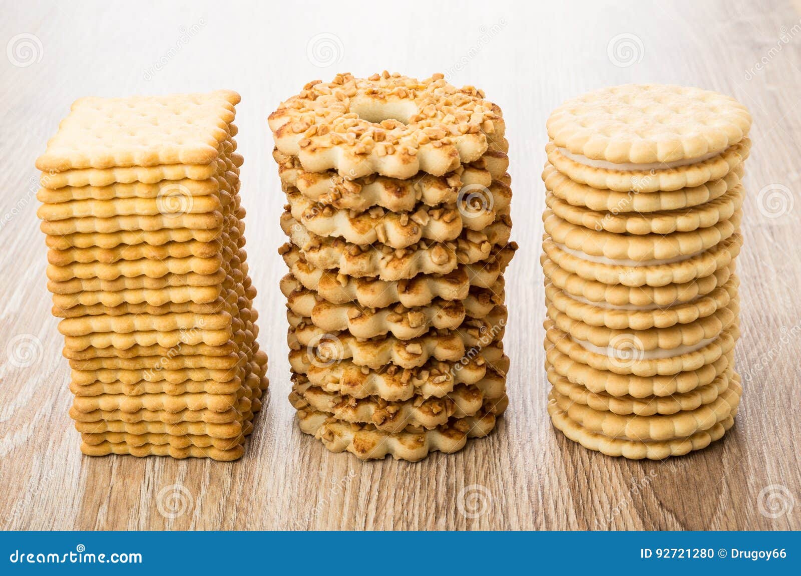 Three Stacks with Different Cookies on Table Stock Photo - Image of ...