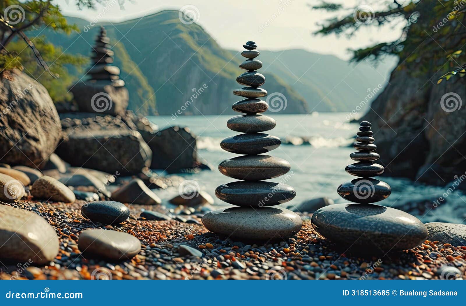 Three Stacks of Rocks are on the Beach, with the Middle Stack Being the ...