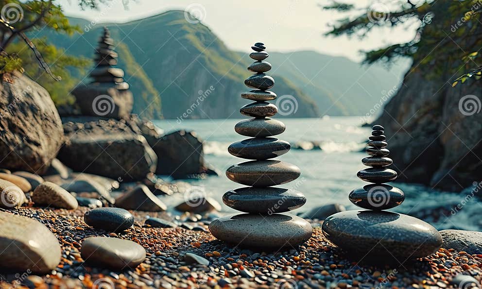 Three Stacks of Rocks are on the Beach, with the Middle Stack Being the ...