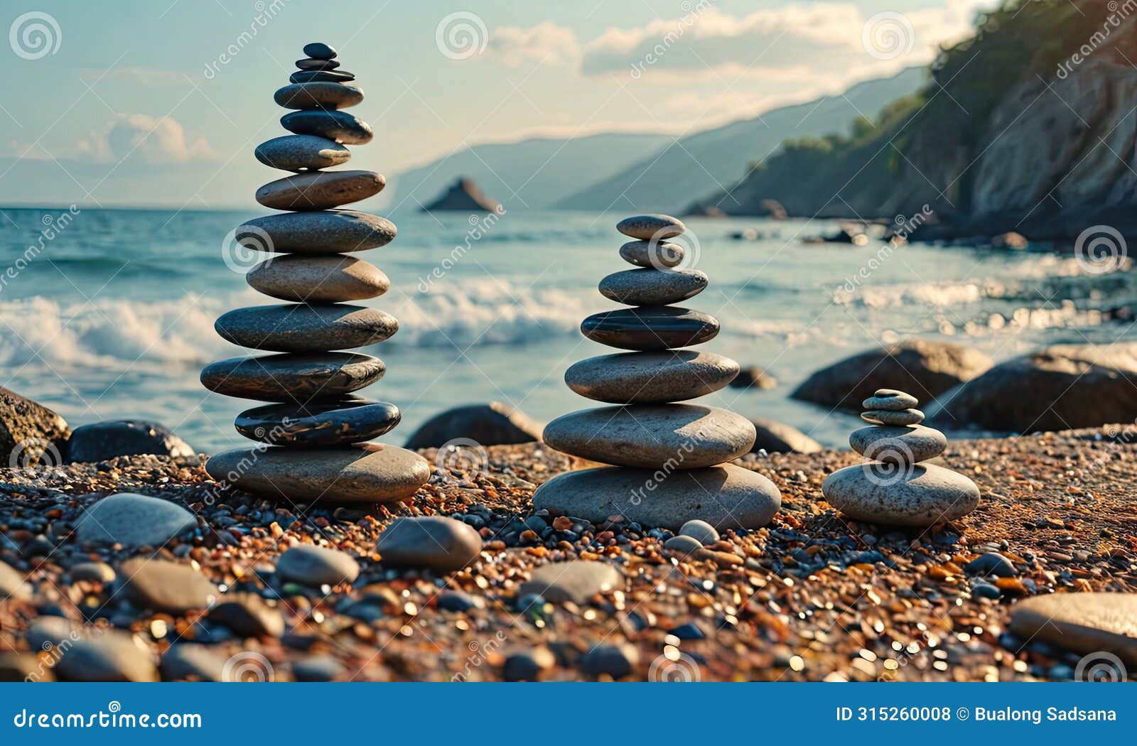 Three Stacks of Rocks are on the Beach, with the Middle Stack Being the ...