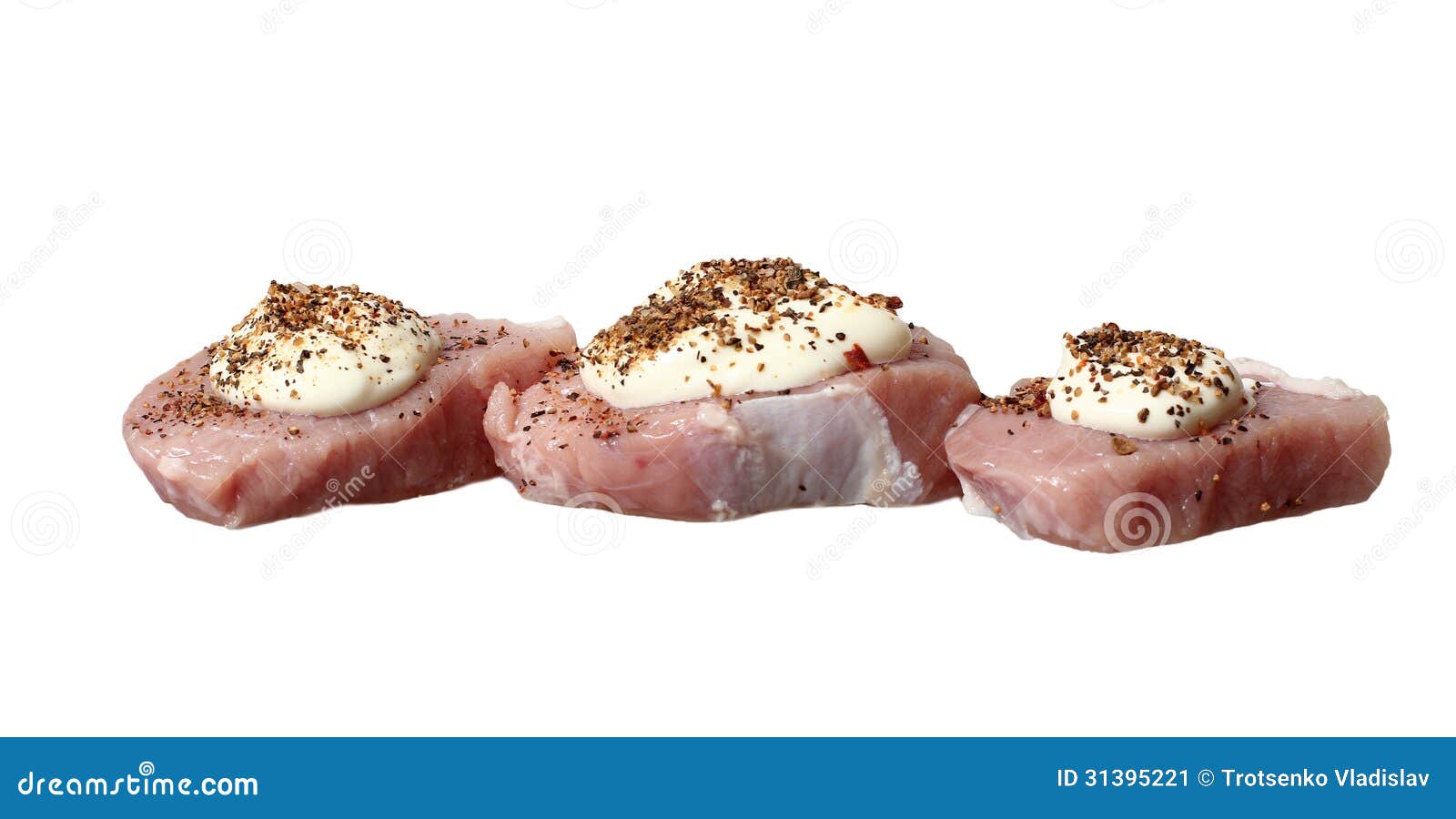Three Steaks Raw Meat with Mayonnaise and Spices Stock Image - Image of ...