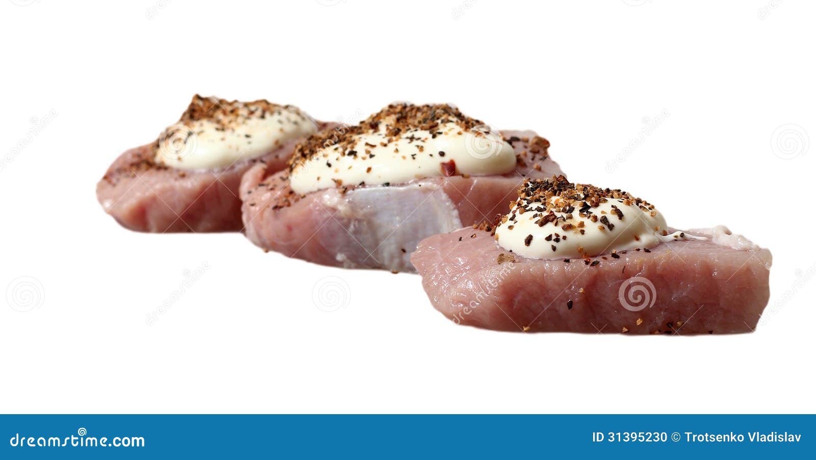 Three Steaks Raw Meat with Mayonnaise and Spices Stock Photo - Image of ...