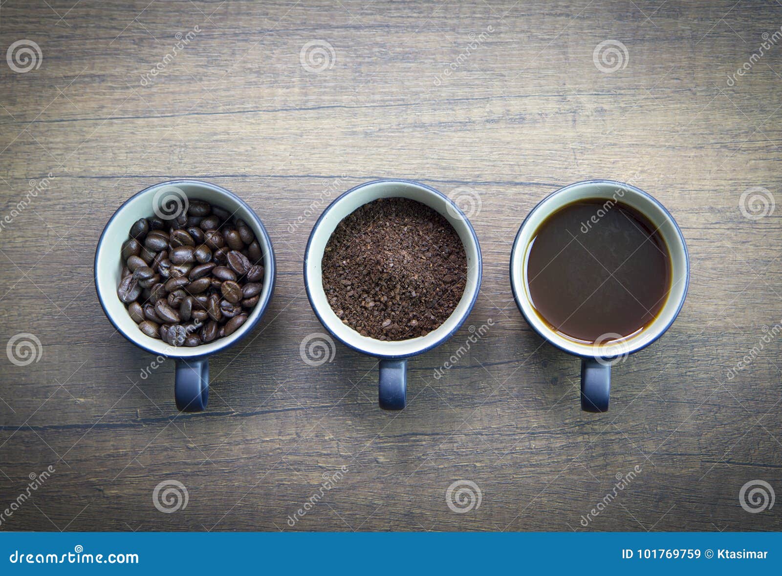 Three Steps of Coffee Preparation Isolated on Brown Wooden Surface ...