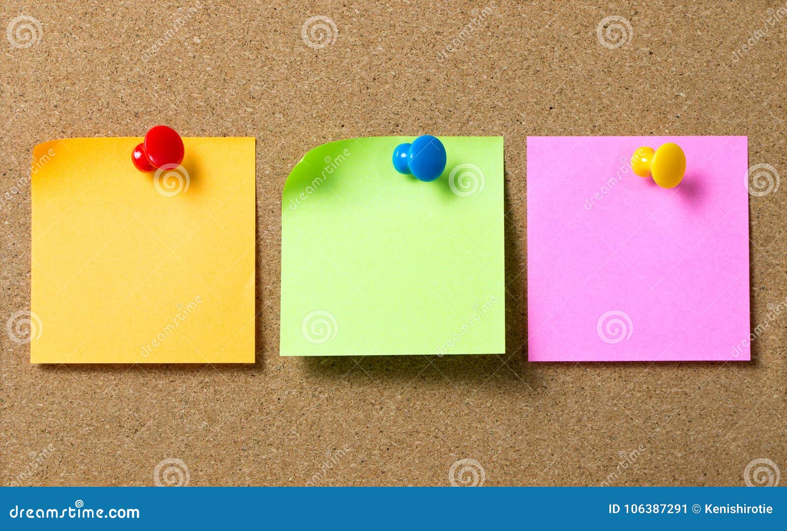 Three Sticky Notes Attached To Cork Board Stock Image - Image of tack ...