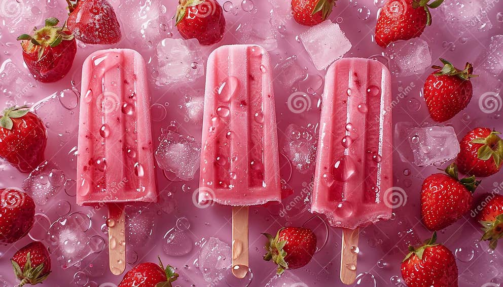 Three Strawberry Popsicles are Sitting on a Table with a Bunch of ...