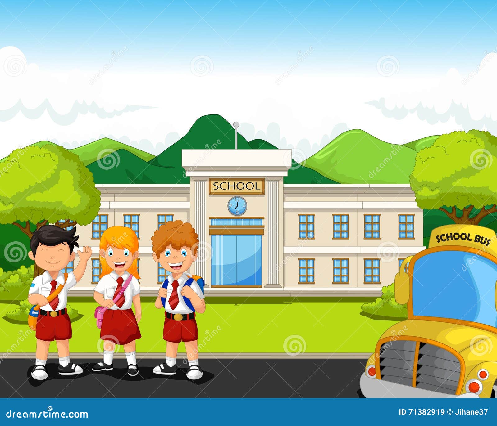 Three Student with School Building Background Stock Illustration ...