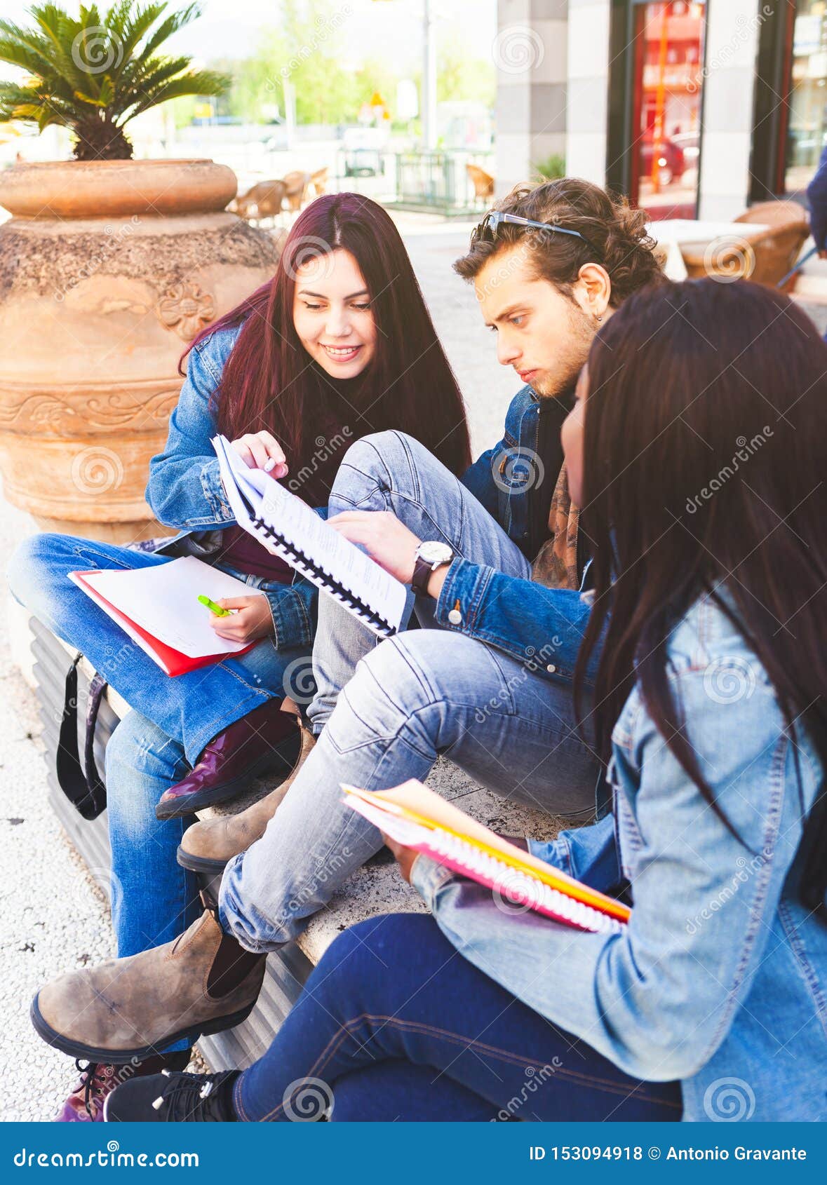 Three Students on a Bench Outdoors Stock Photo - Image of bench ...