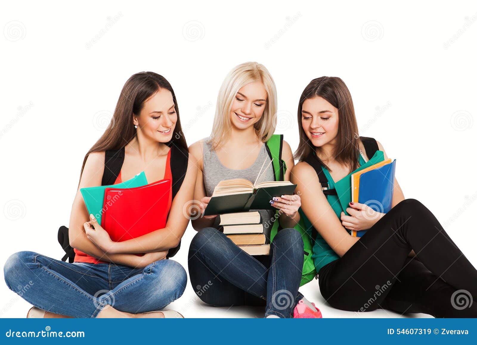 Three Students with Copybooks Sitting Together on Stock Image - Image ...