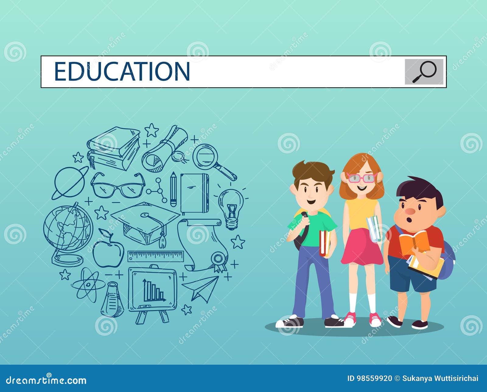 Three Students with Education Search Engine Bar Illustration Design ...
