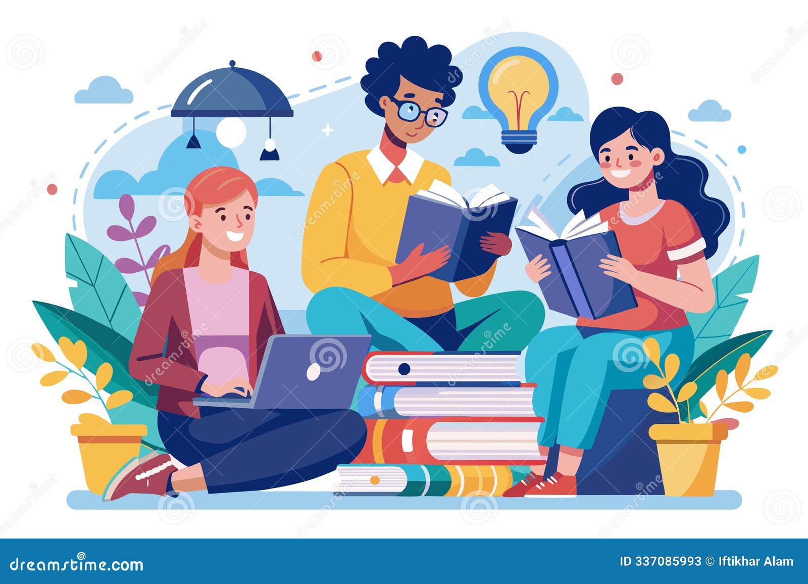 Three Students Engage in Studying, Sharing Books and Ideas in a Bright ...