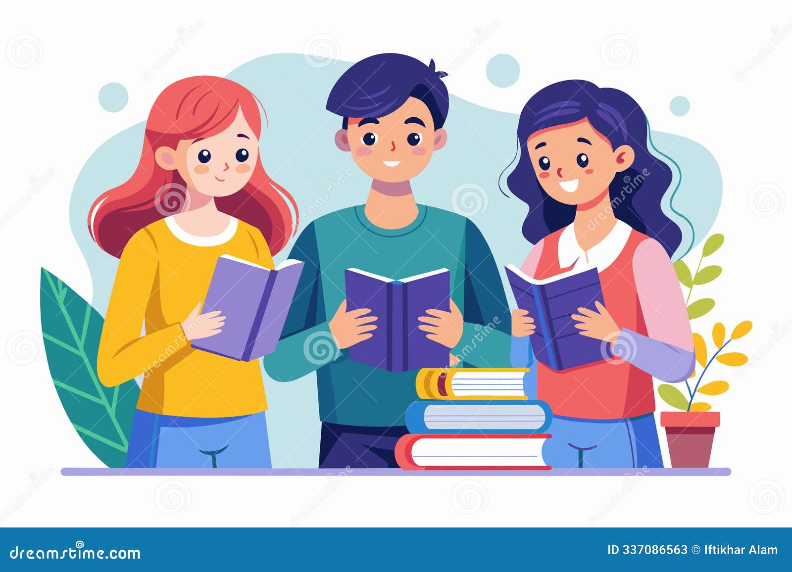 Three Students Focus on Reading Their Manuals, Surrounded by Plants and ...